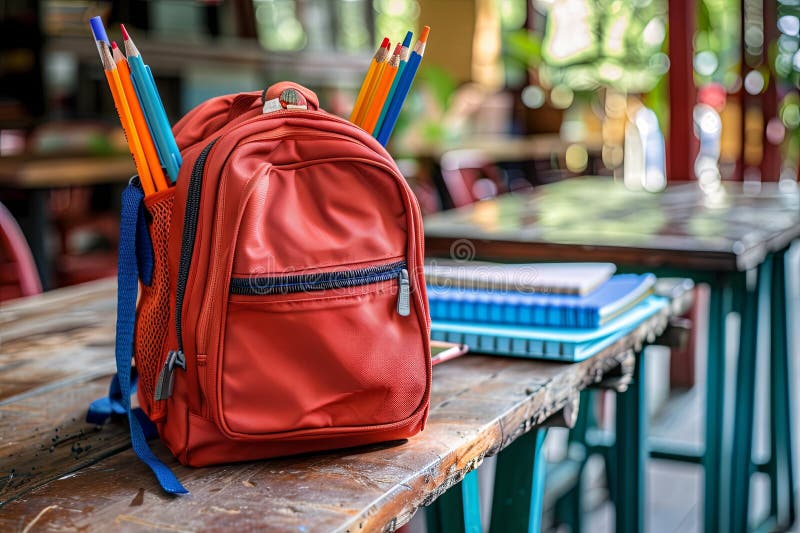 Red Backpack with Pencils on Wooden Table in Outdoor Setting Stock ...