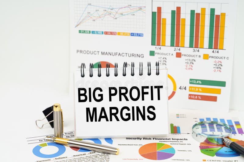 On the Table are Reports with Graphs and a Notepad with the Inscription - Big Profit Margins ...