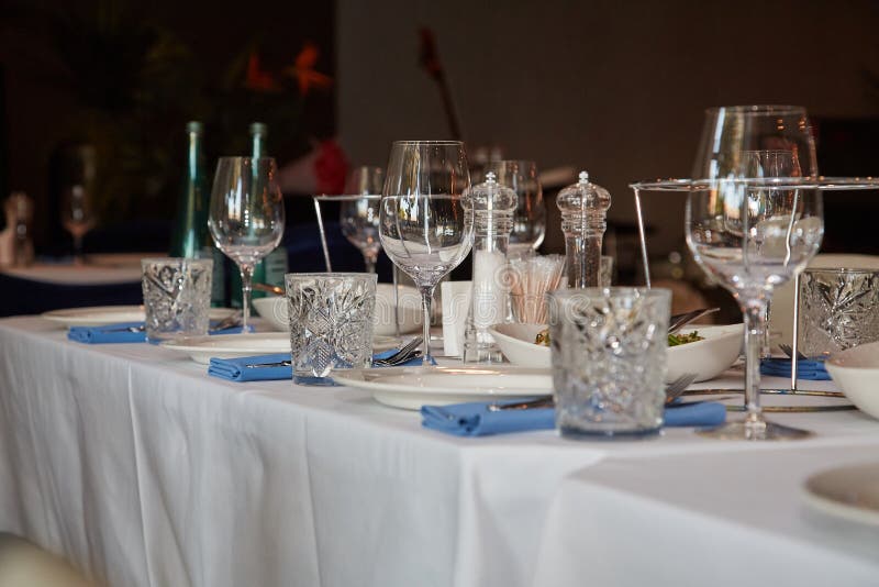 Table in the Restaurant, Served with Wine Glasses and Ready To Welcome ...