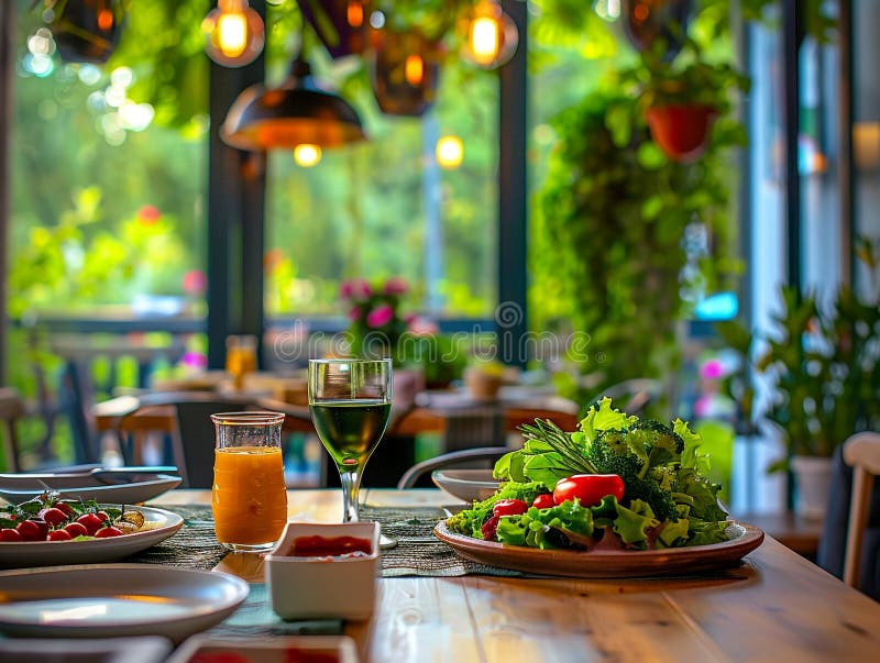 Restaurant Table Setting with Salad and Drink Stock Illustration ...
