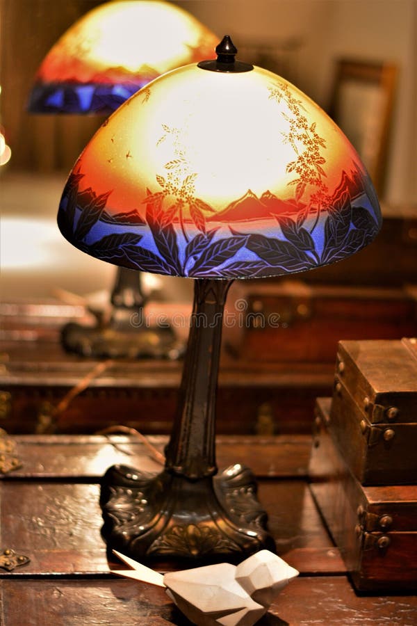 On the Table a Retro Lamp with Drawn Glass Dome Stock Photo - Image of ...