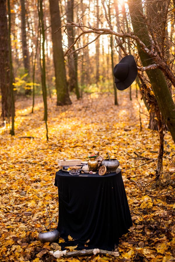 Table with Ritual Objects and a Black Hat in the Autumn Forest ...