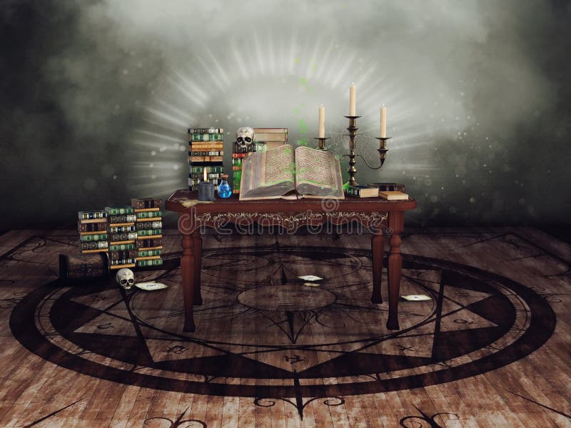 Table with ritual objects stock illustration. Illustration of table ...