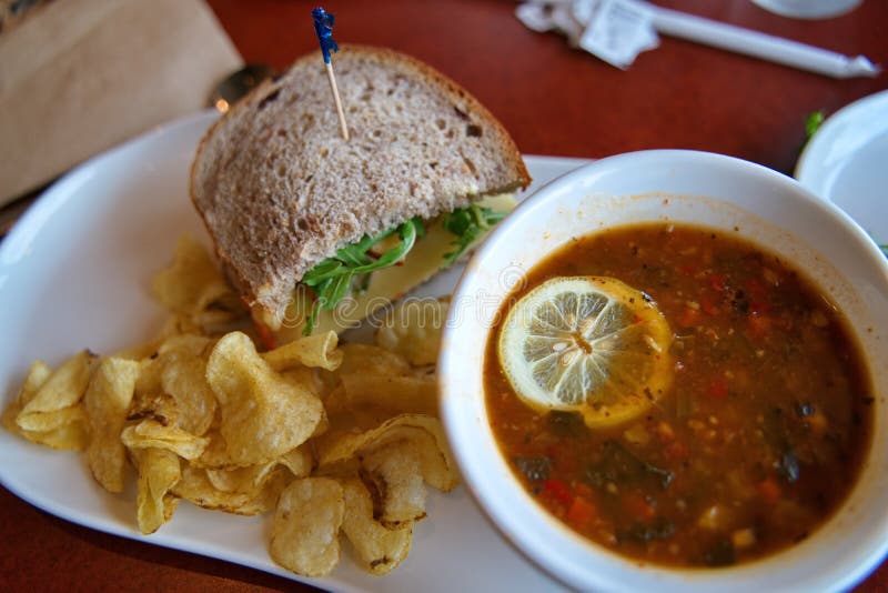 Table Sandwich and Soup Meal Stock Photo - Image of lifestyle, lemon ...