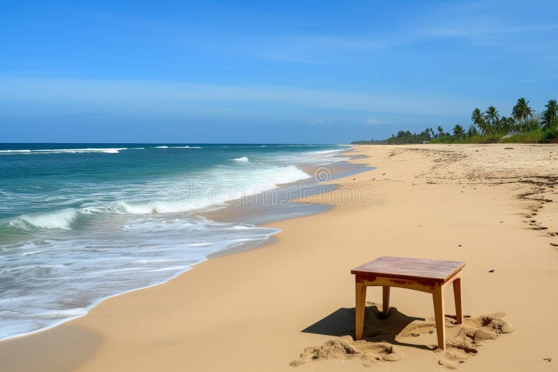 Table on Sandy Beach, Ocean Waves and Palm Trees in Distance Stock ...