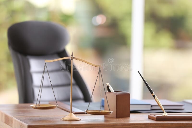 Table with Scales of Justice Stock Photo - Image of counselor ...