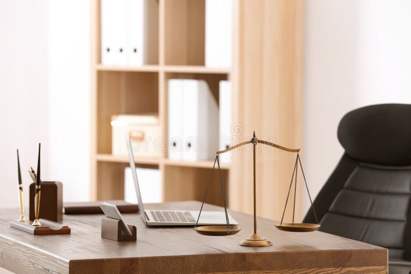 Table with Scales of Justice Stock Image - Image of desk, court: 124901977