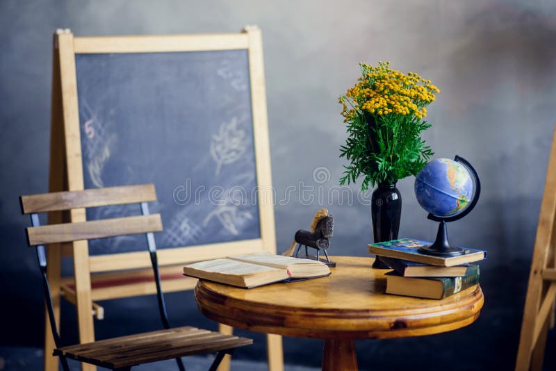 Table for School Classroom, the Chalkboard, a Globe and Open Book ...