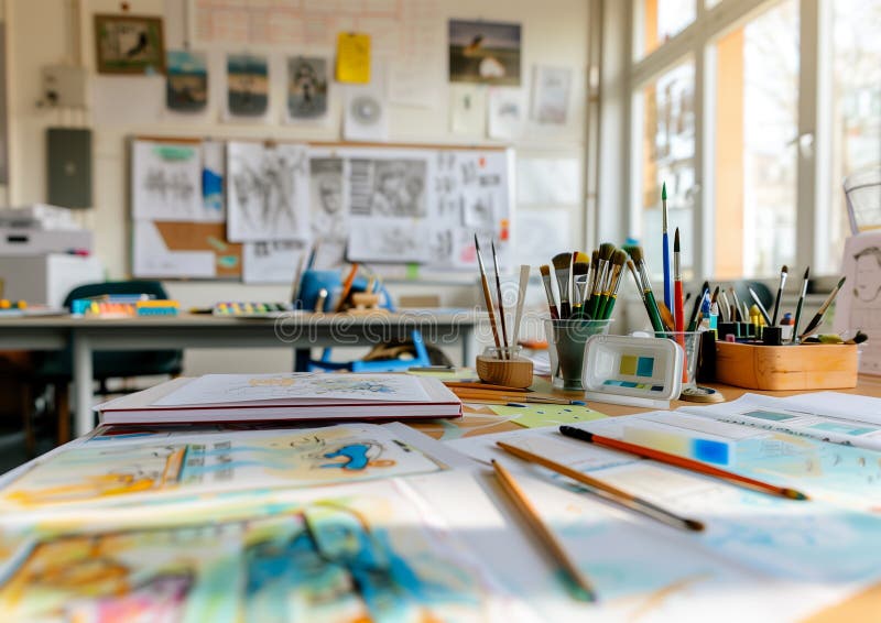 A Table in the School Workshop, on Which Brushes, Paints, Drawing ...
