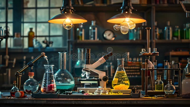 A Table in a Science Lab is Covered with Numerous Bottles Filled with ...