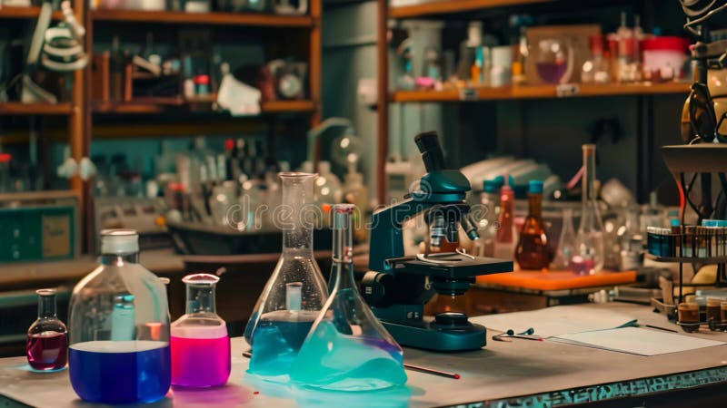 A Table in a Science Lab is Filled with Multiple Bottles Containing ...