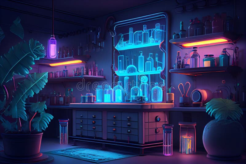 Table on the Second Stage of the Alchemy Laboratory with Neon Light, 3d ...