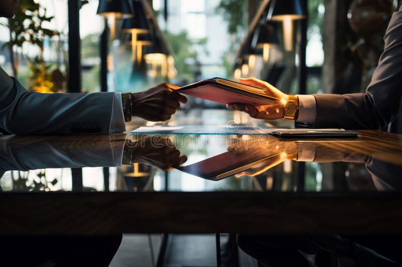 Table Serves As Hub for Businesspeople Sharing Documents, Promoting ...