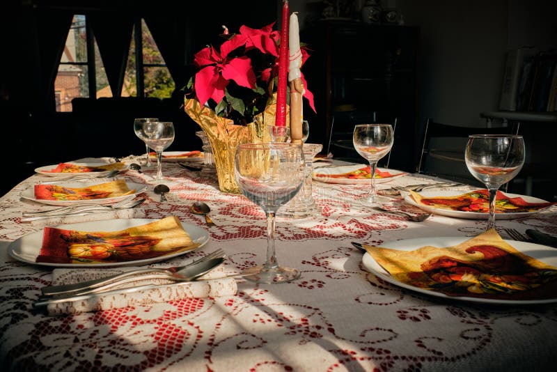 Table Prepared for Thanksgiving Dinner with Silverware and Napkins ...
