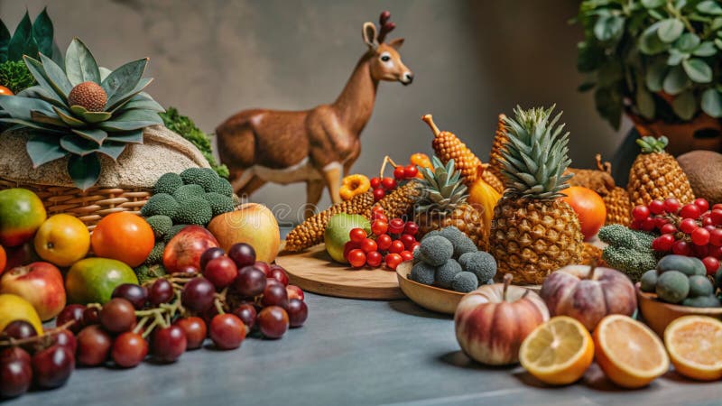 A Table Set with an Assortment of Fresh Fruits, Vegetables, and a Deer Figurine Stock ...