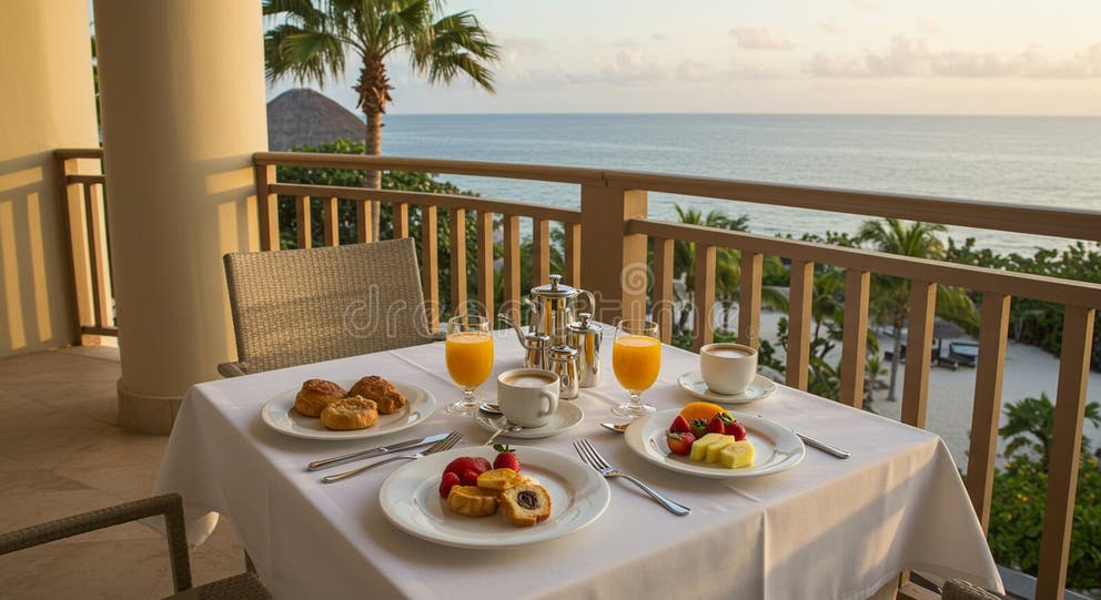 A Table Set for Breakfast on a Balcony Overlooks a Tropical Beachfront ...