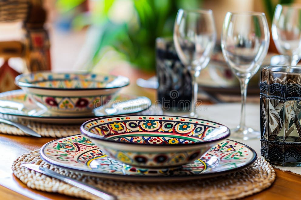 Table Set with Ceramic Plates, Ethnic Patterns Visible Stock Photo ...
