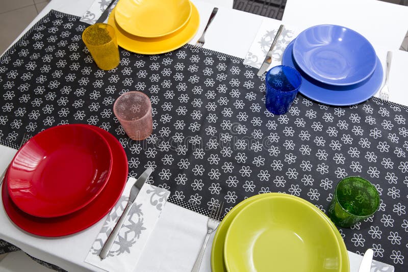 Table Set with Colorful Dishes Stock Image - Image of kitchen, elegant ...