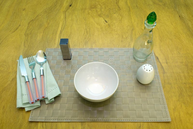 Table Set with Crockery and Kitchen Elements Stock Image - Image of ...