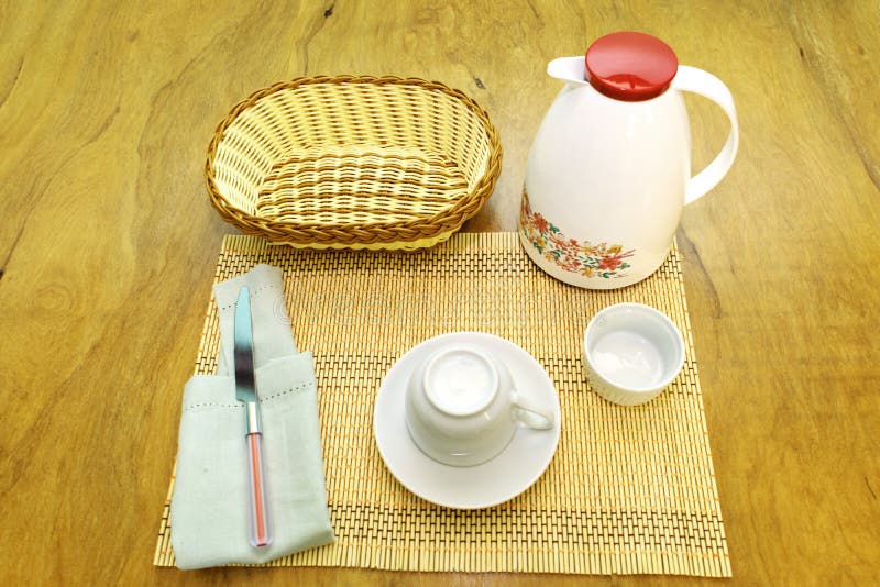 Table Set with Crockery and Kitchen Elements Stock Image - Image of ...