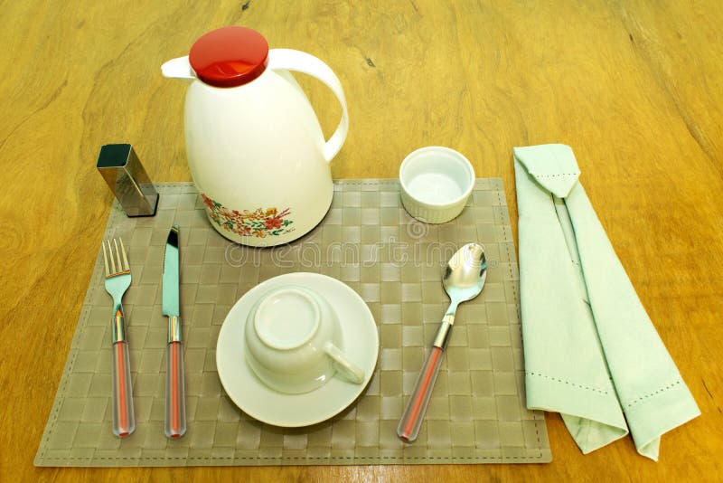 Table Set with Crockery and Kitchen Elements Stock Image - Image of ...