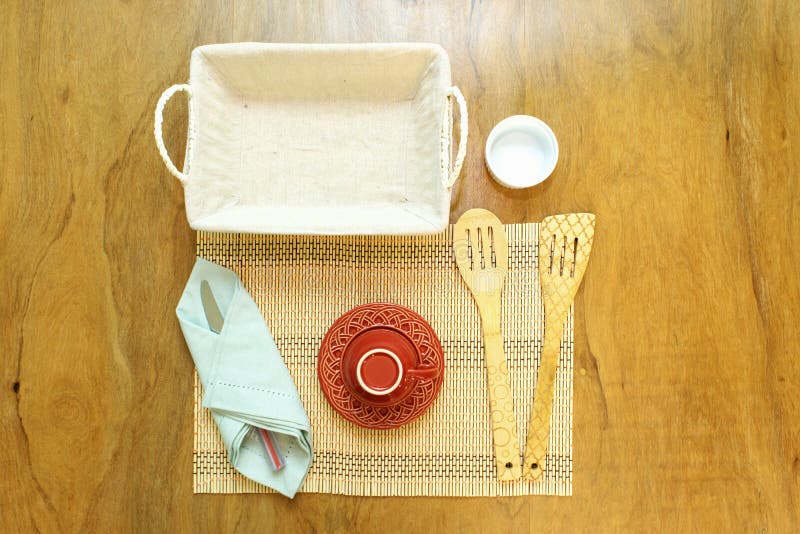 Table Set with Crockery and Kitchen Elements Stock Image - Image of ...