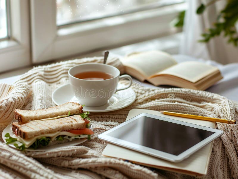 Table with Tea Cup and Sandwich Stock Illustration - Illustration of ...