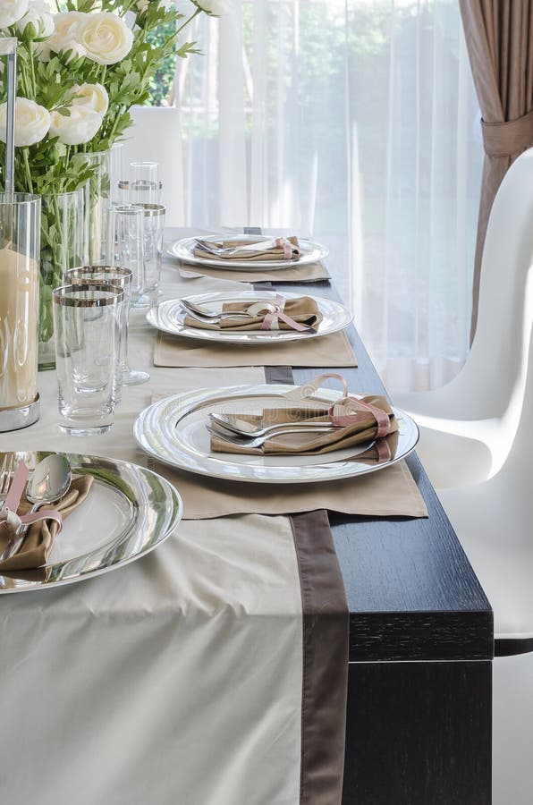 Table Set on Dark Brown Wooden Table Stock Image - Image of fork, vase ...