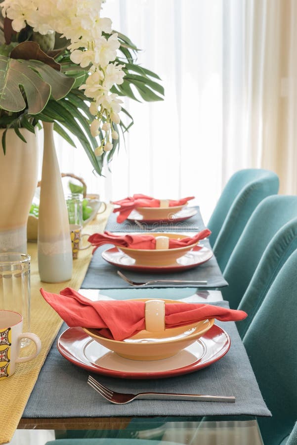 Table Set on Dining Table in Colorful Dining Room Stock Image - Image ...