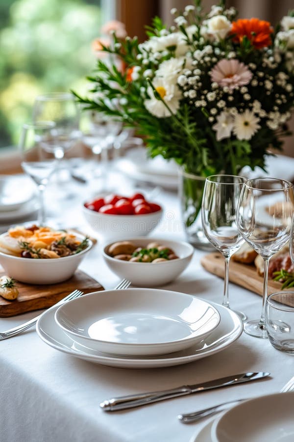 A Table Set for a Dinner Party with Plates and Glasses Stock Photo ...