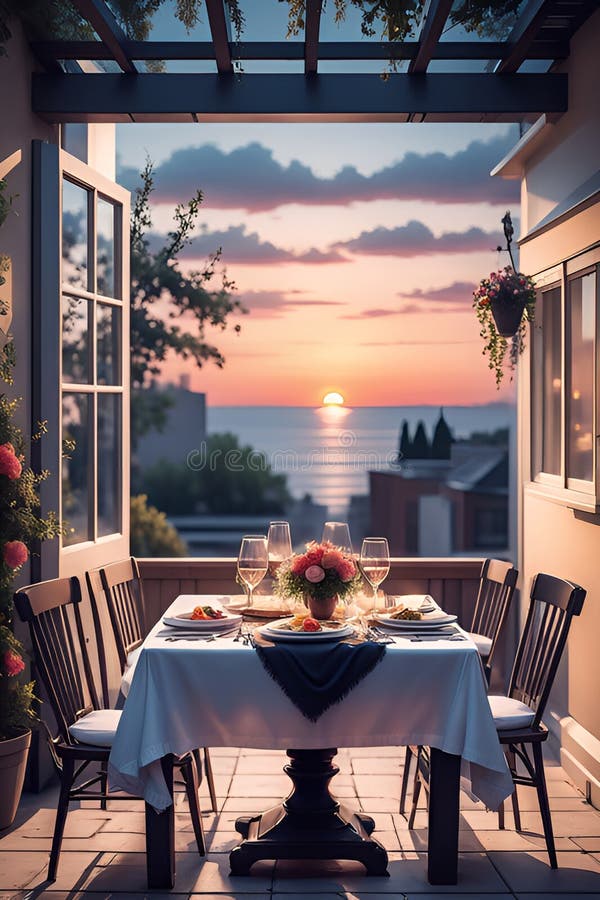 A Table Set for Dinner on a Patio with a View of the Sunset, Romantic ...