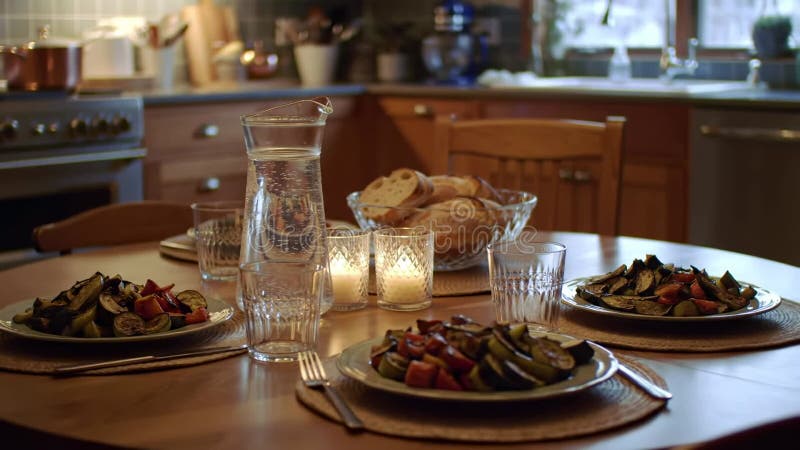 Table Set with Dinner Plates, Bread, and Candles in Cozy Kitchen Stock ...