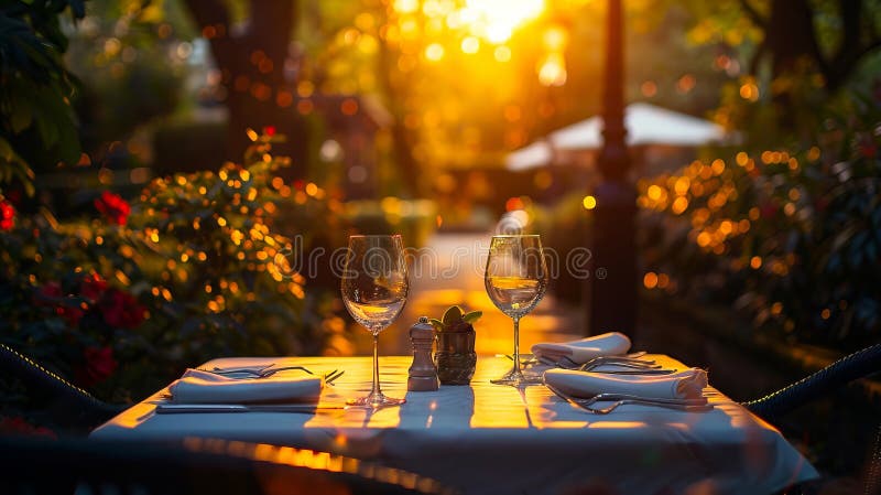 A Table Set for Dinner with the Sun Setting Behind it Stock Photo ...
