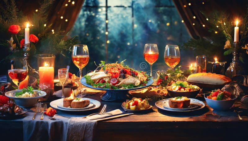 A table set for dinner stock illustration. Illustration of food - 307436074