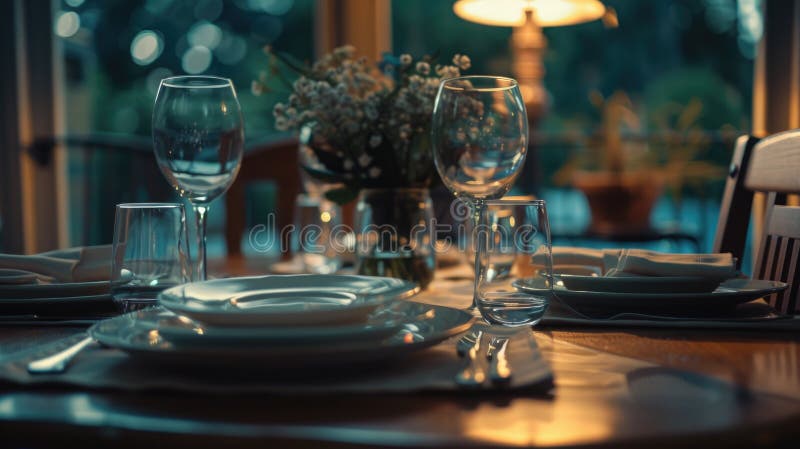 A Table Set for a Dinner with Wine Glasses and Plates. Perfect for ...
