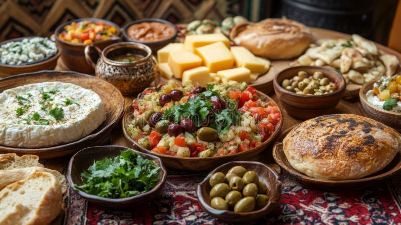 A Table Set with Diverse Middle Eastern Dishes and Breads Stock ...