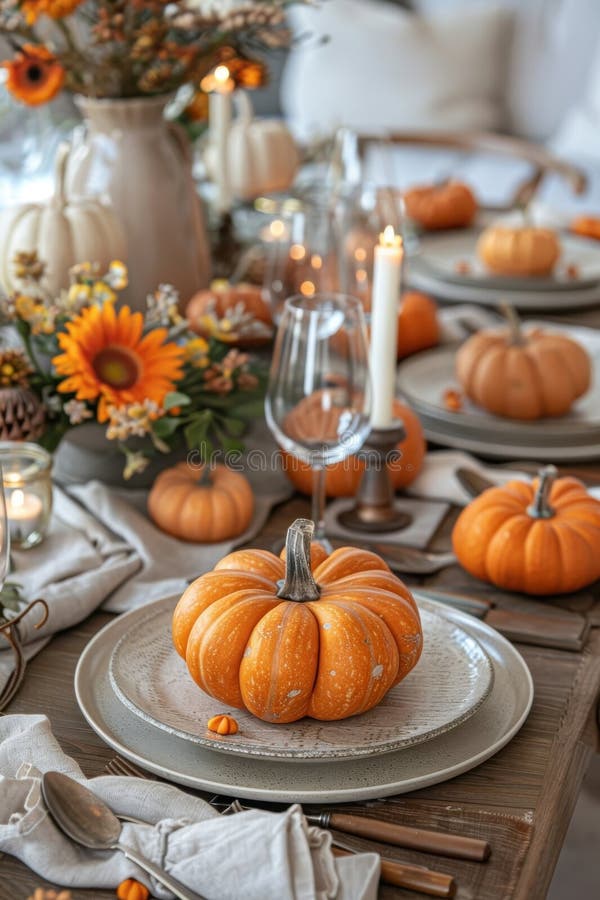 A Table is Set for a Fall Dinner with a Centerpiece of Pumpkins and a ...