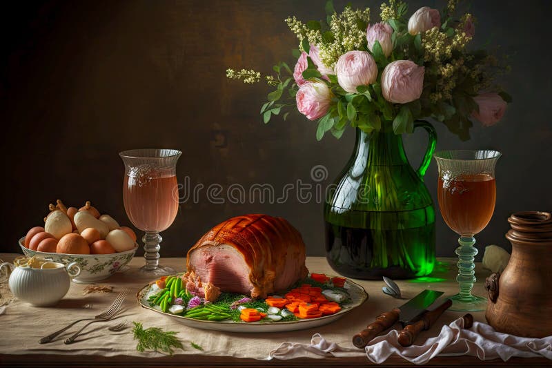 Table Set for Festive Dinner with Easter Ham Vegetables and Drinks ...