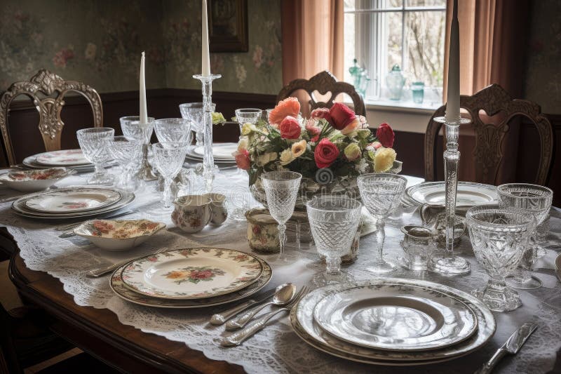 A Table Set with Fine China and Crystal, Ready To Welcome Guests for a ...