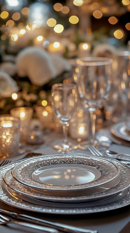 A Table Set for a Dinner Party with Silver Plates and Silverware Stock ...