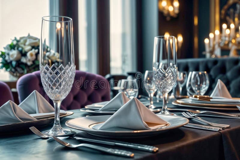 A Table Set with Fine Crystal Glassware, Plates Stock Illustration ...