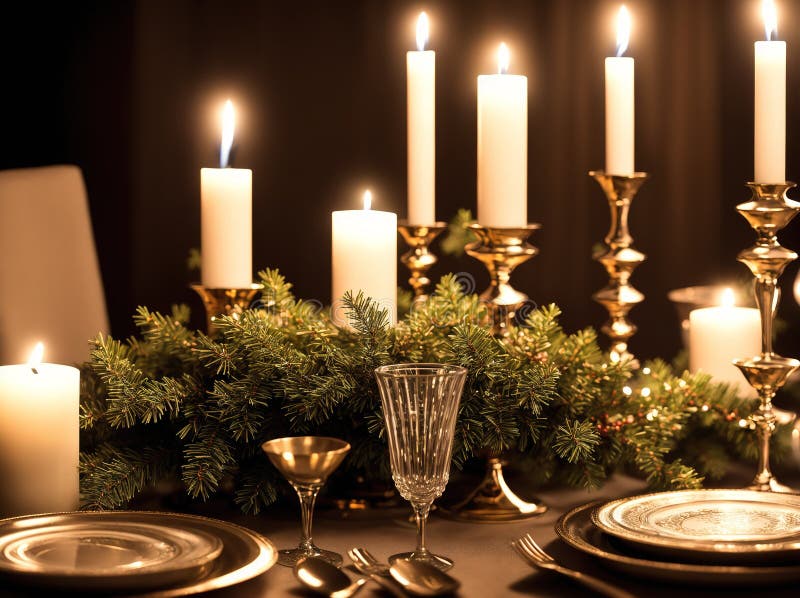 A Table Set for a Formal Dinner with Candles, Silverware, and a ...