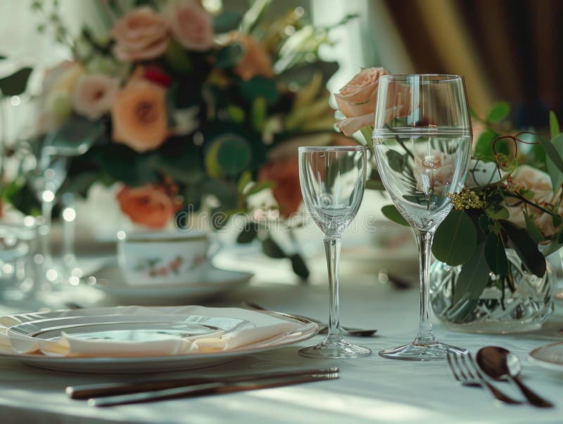 A Table Set for a Formal Dinner with Flowers in the Background Stock ...