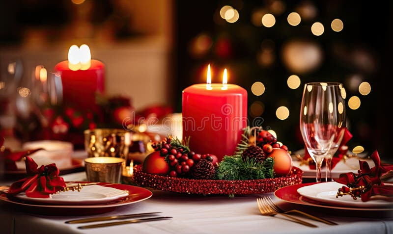 A Festive Holiday Dinner Table with a Warm Glow of Candlelight Stock ...