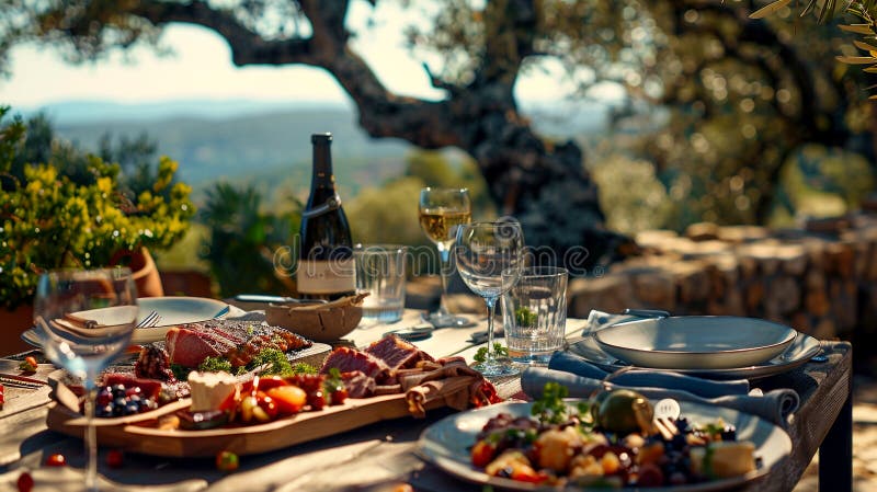 Outdoor Lunch Table Setting with Wine and Food Stock Illustration ...