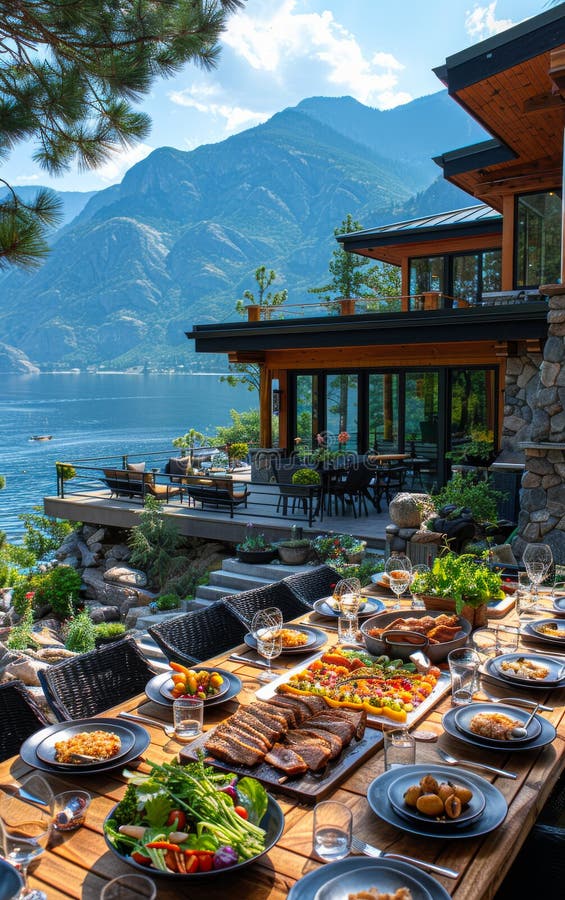 Table is Set for Meal with Beautiful View of the Lake. Stock Image ...