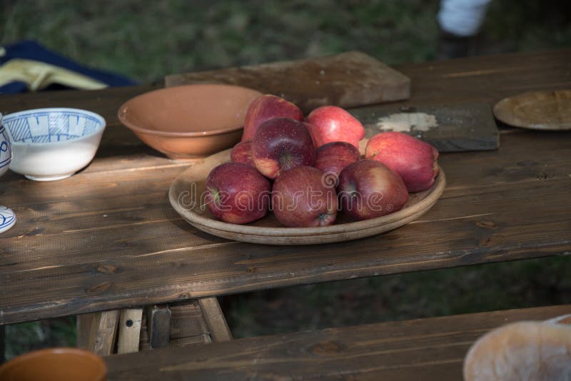 Table Set with Middle Ages Food and Supplies Stock Photo - Image of ...