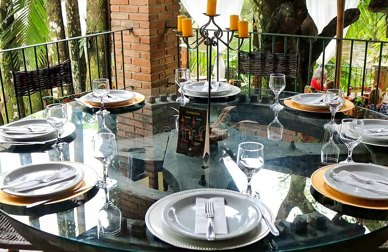 Table Set in the Middle of Nature, Lunch Facing the River, Glasses on a ...