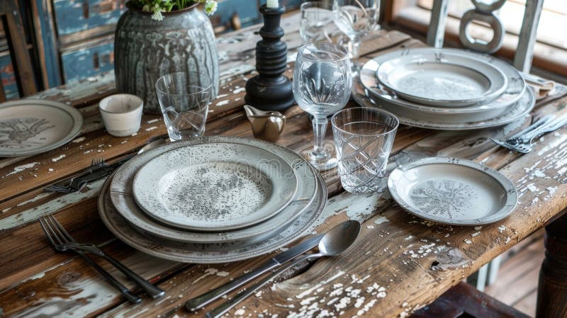 A Table Set with Mismatched Plates Silverware and Glasses Giving a ...
