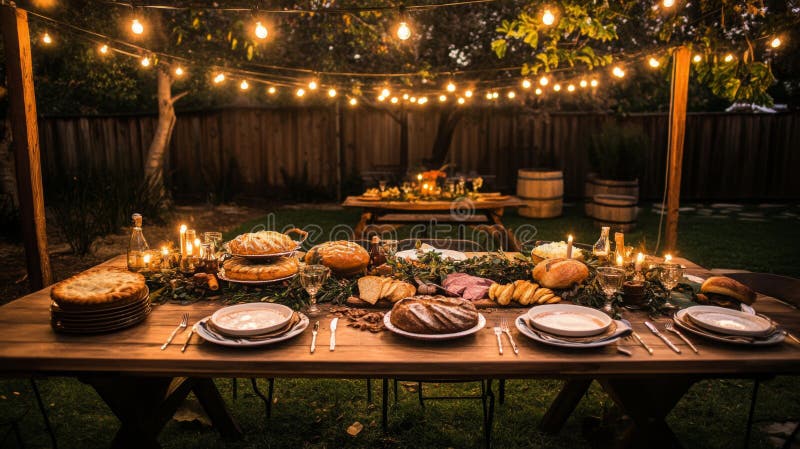 A Table is Set for an Outdoor Dinner Party with String Lights Overhead ...